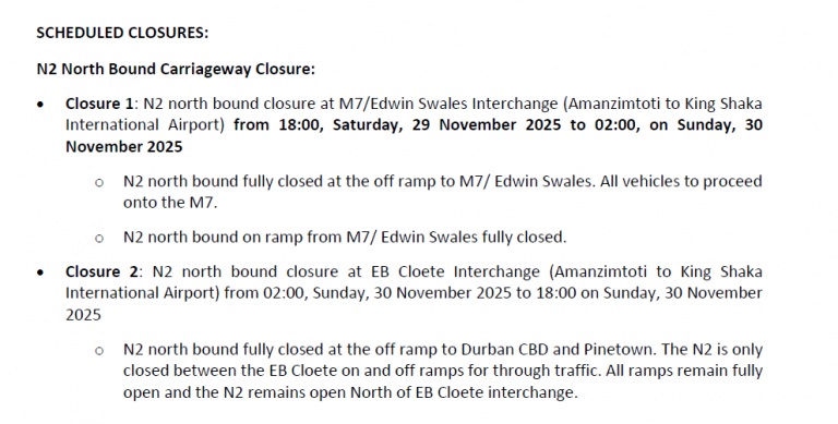 TEMPORARY ROAD CLOSURES ON N2 NORTH BOUND BETWEEN EDWIN SWALES & EB ...